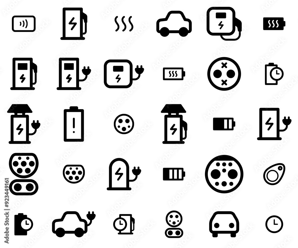 Set Of Linear Ev Electric Vehicle Icons Silhouette Vector Logo Design ...
