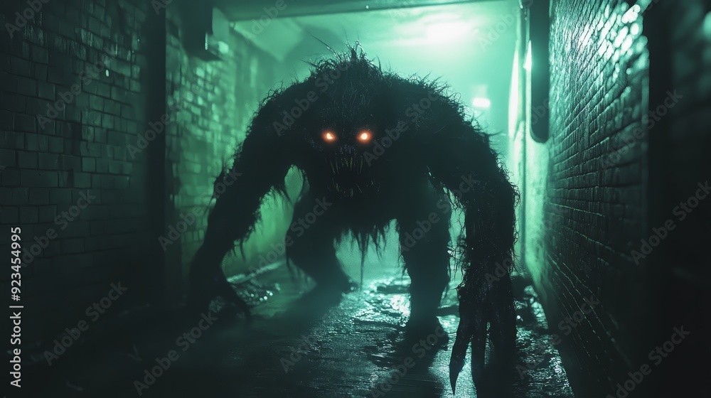 A terrifying monster with glowing eyes emerges from the shadows of a ...