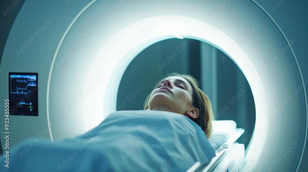 Woman Lying Inside an MRI Machine for a Brain Scan, Medical Technology ...