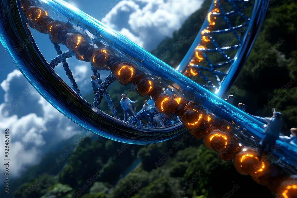 An adventure scene showing scientists journeying into a giant DNA ...