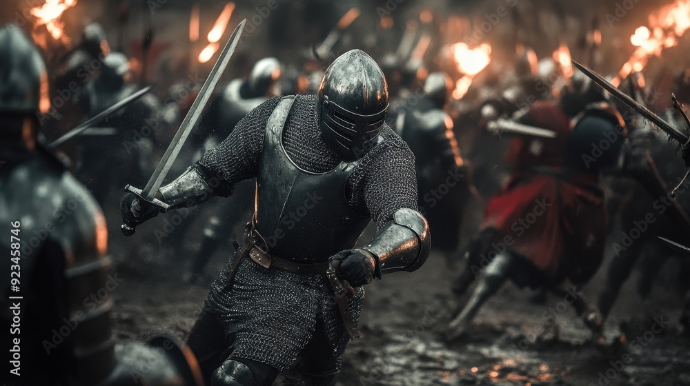 Medieval Knight in Battle Close-up of Warrior in Full Armor With Sword ...