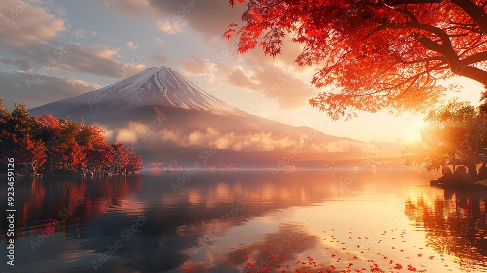 The colorful Season and Mount Fuji with morning fog and red leaves at ...