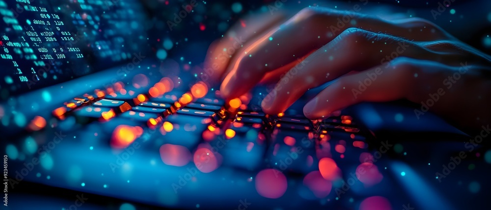 software developer typing on a keyboard, illuminated by code reflecting on the monitor. software ...