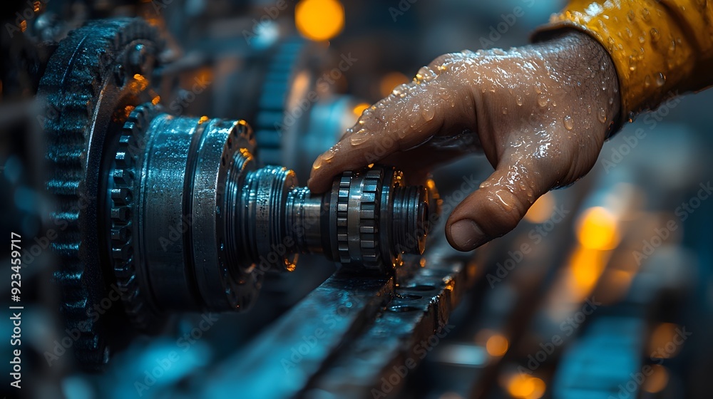 an industrial worker operating a machine lever in a bustling factory ...