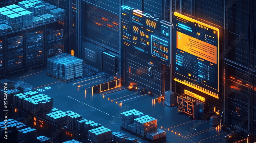 A digital flat art illustration of a warehouse management system ...