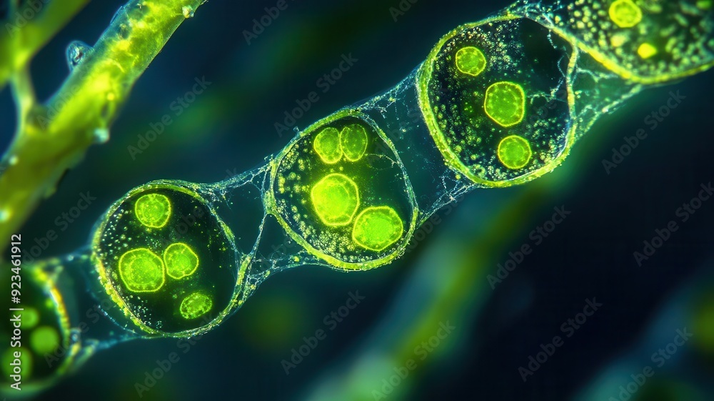 Algae cells floating in water, magnified under a microscope with ...