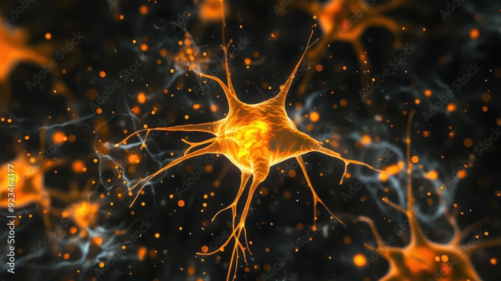 Microglia cells in the brain, viewed under a microscope with sharp ...