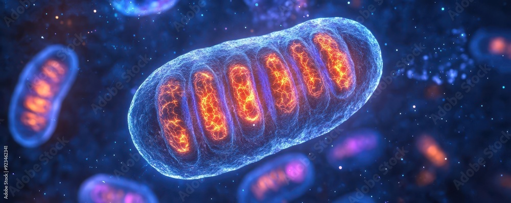 Mitochondria within a cell, viewed under a microscope with high ...