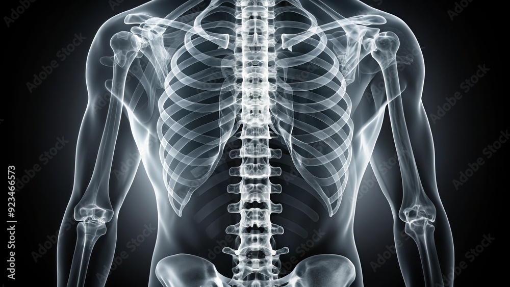 Digital X-ray image of human spine showing vertebrae, discs, and ...