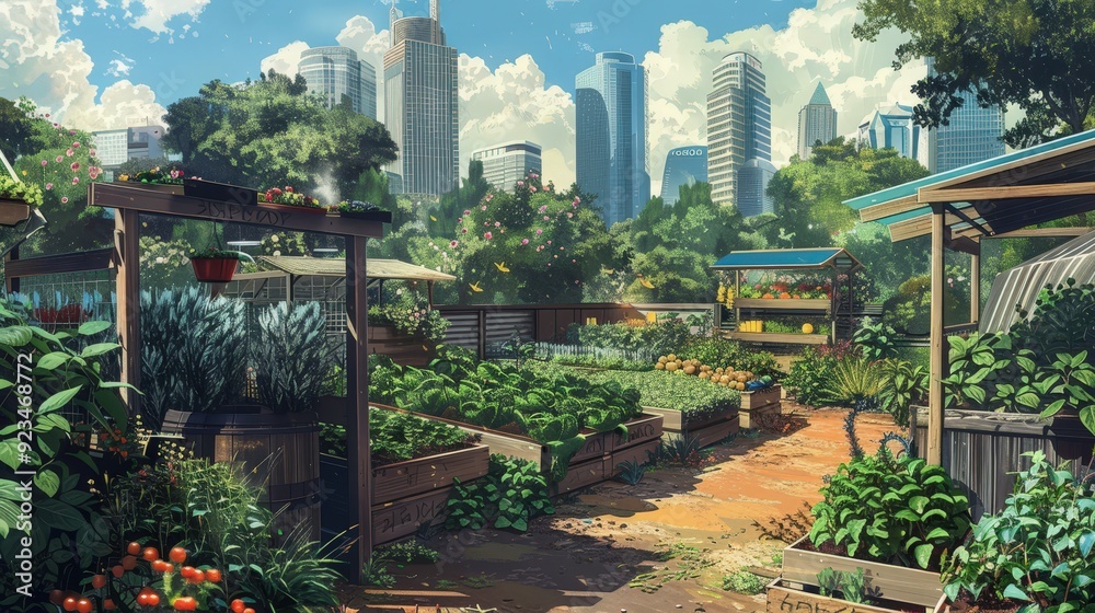 Capture a city landscape with a focus on urban agriculture, including ...