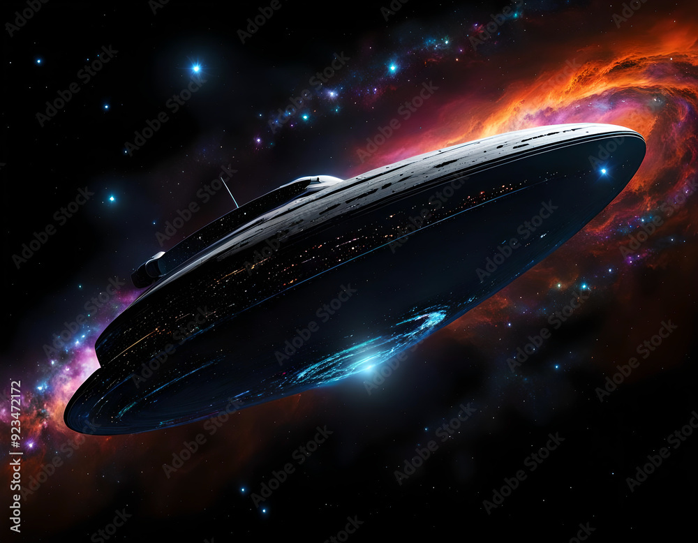 Alien spaceship moving through stars and nebulas in deep space. Amazing ...