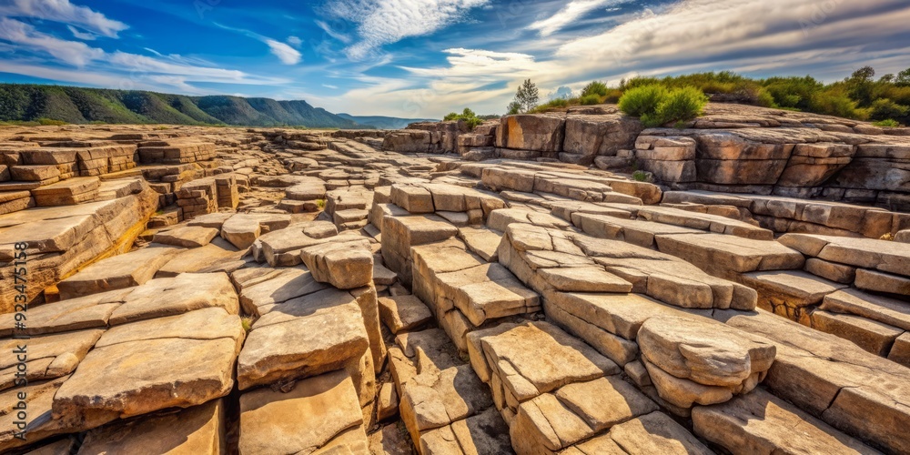 Weathered rocky terrain with deep fissures and rough edges, showcasing ...