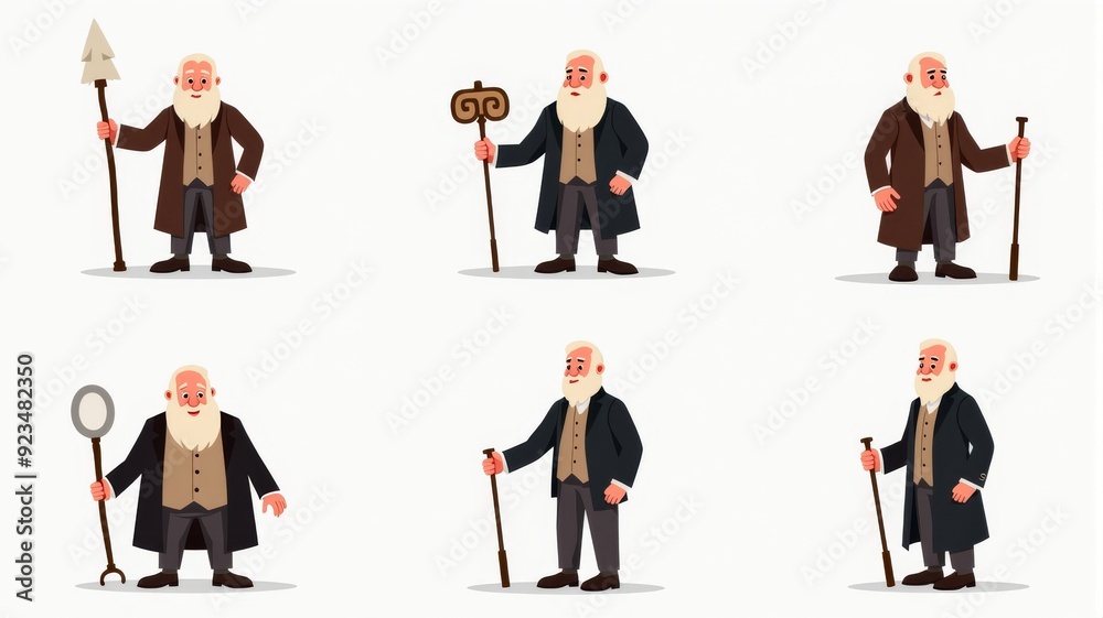 Elderly Man with Various Walking Sticks and Staffs Illustration ...