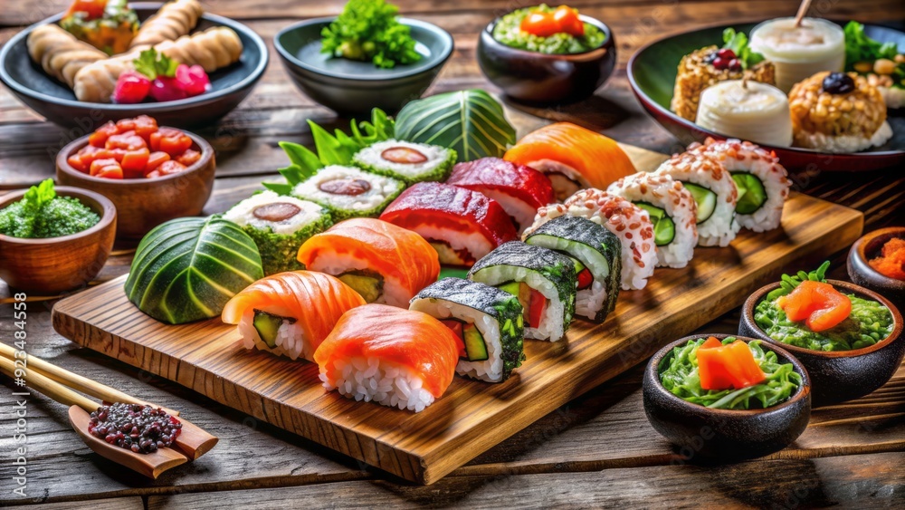 Vibrant assortment of traditional Japanese sushi, including maki rolls ...