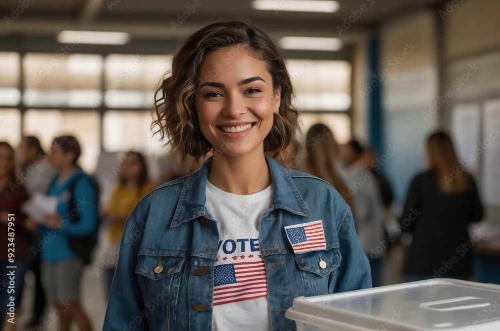 Smiling Gen Z woman wearing denim jacket and American flag shirt ...