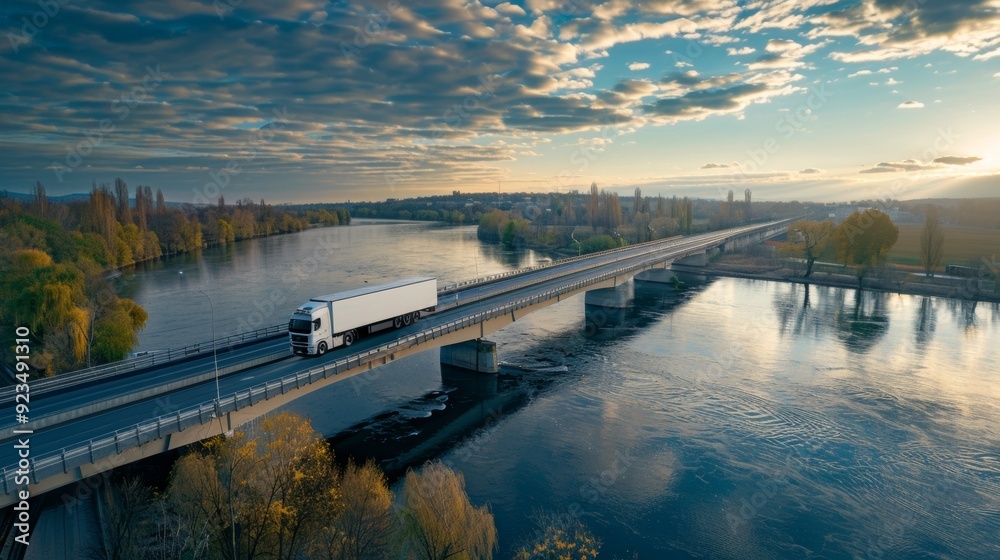 Driverless semi-trailer truck with AI-controlled trailer drives across a bridge over a river ...