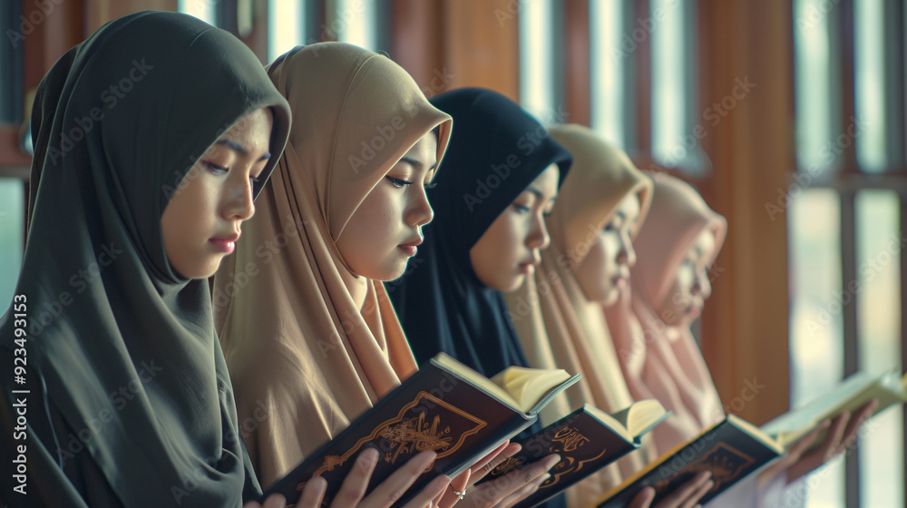 Young muslim female students in traditional islamic hijab reading the ...
