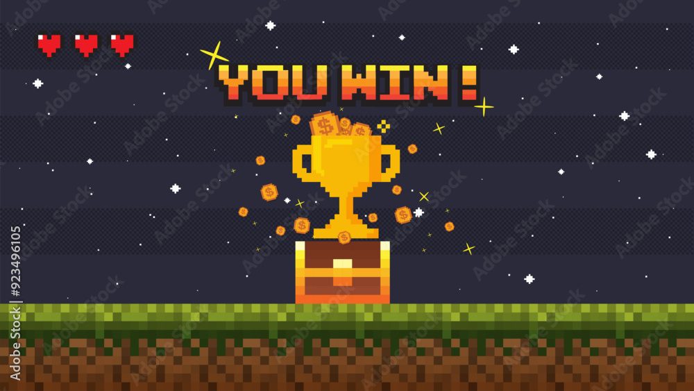 Pixel game win screen. Retro 8 bit video game interface with You Win ... Pixel game win screen. Retro 8 bit video game interface with You Win ...