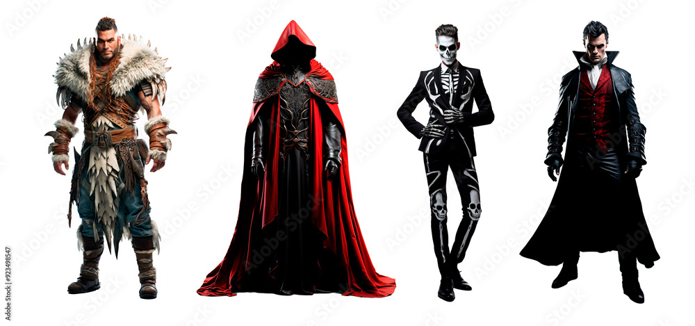 Four different men wearing Halloween costumes of monster hunter, dark ...