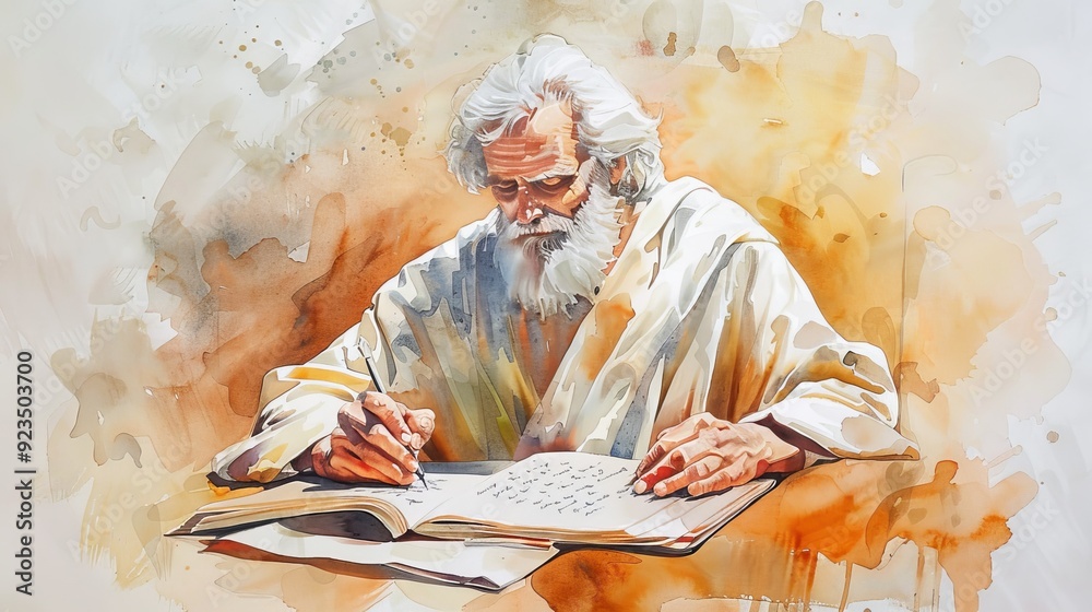 Biblical Illustration of Apostle Matthew with Quill and Parchment ...