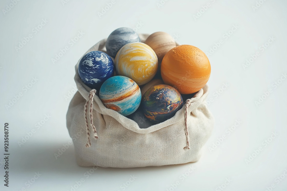 Style minimalism, draw miniature planets that are in a string bag ...