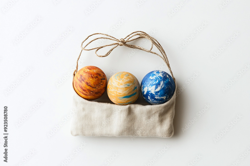 Style minimalism, draw miniature planets that are in a string bag ...