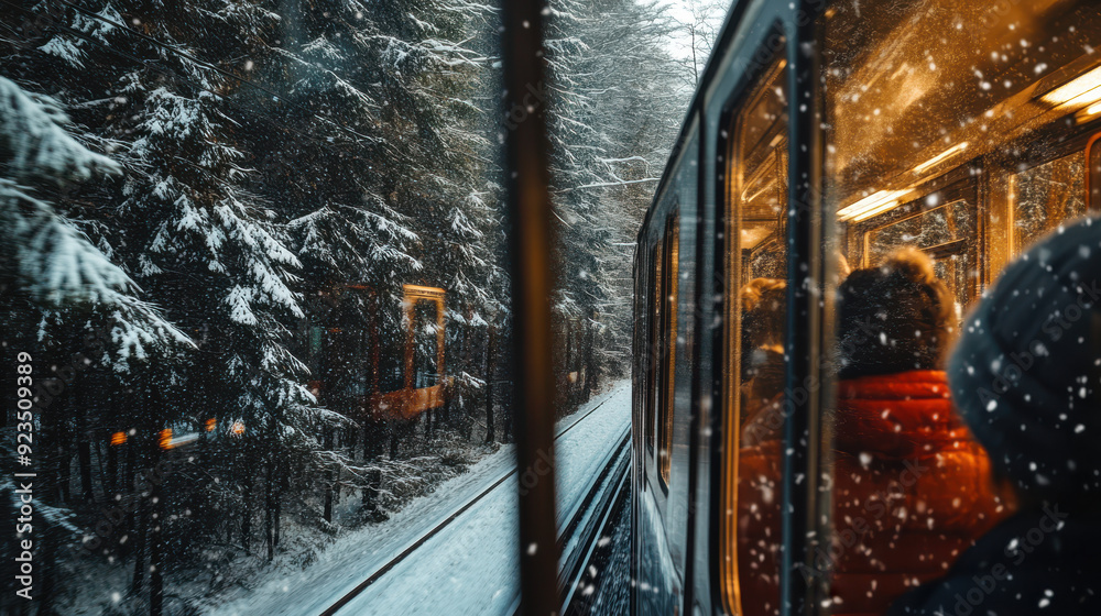 Passengers gazing out of the window of an electric train as it travels ...