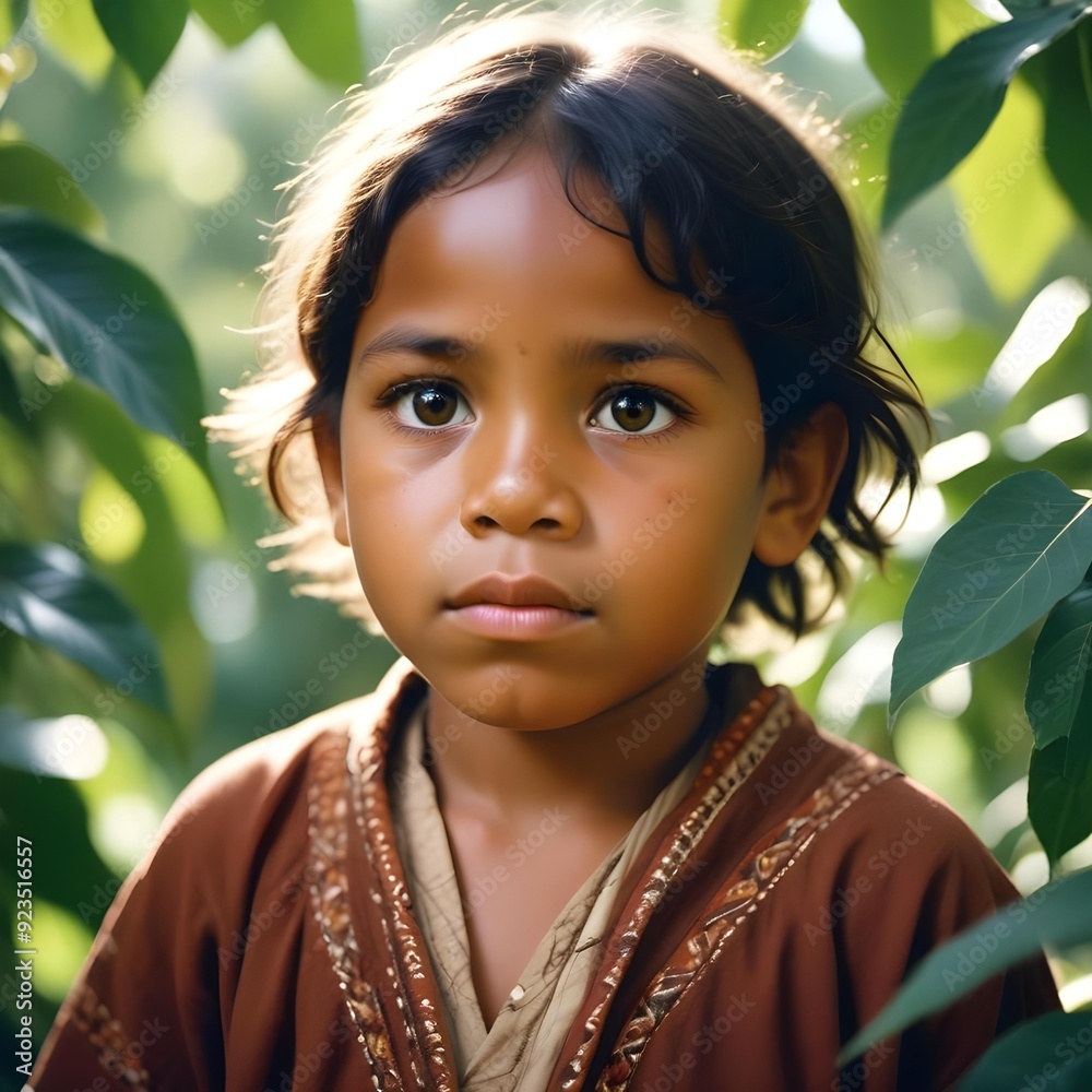 An Aboriginal child with dark skin, wearing traditional clothing ...
