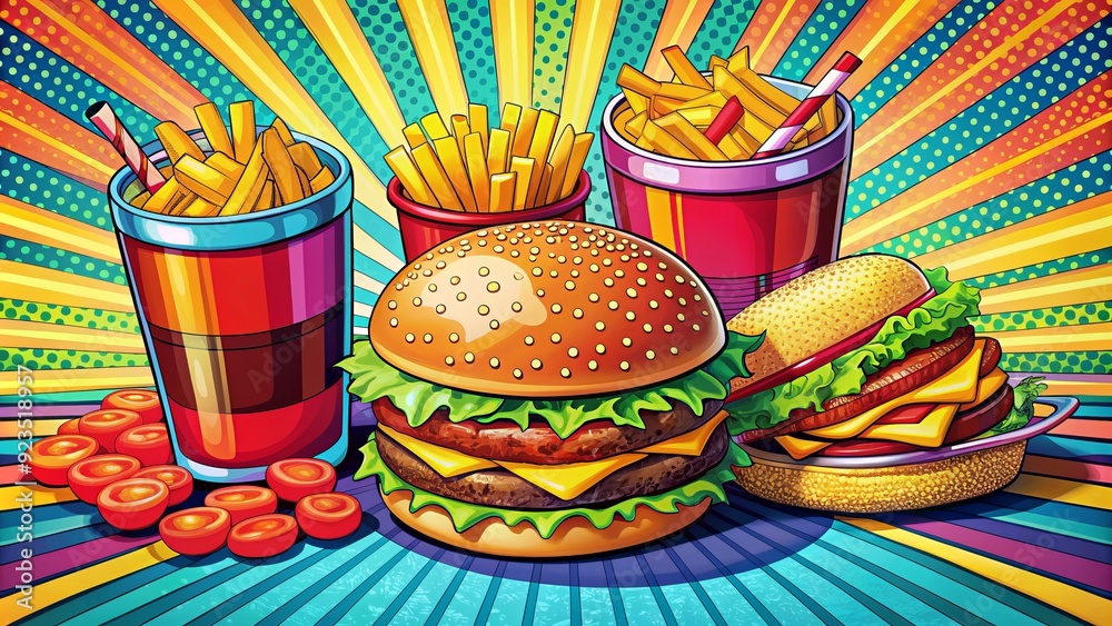 Vibrant, stylized illustration of colorful burgers, fries, and soda ...
