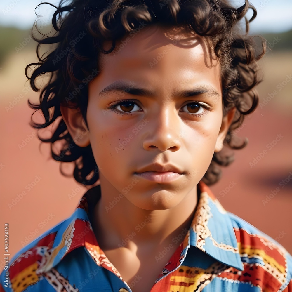 An Aboriginal boy with tousled black hair, with a soft golden light ...