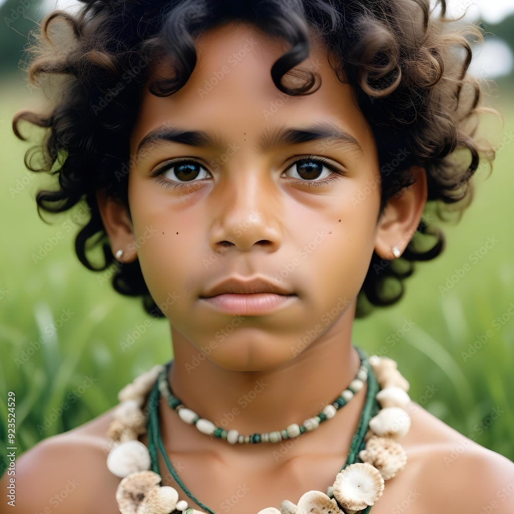 An Aboriginal boy with dark curly hair, wearing a necklace made of ...