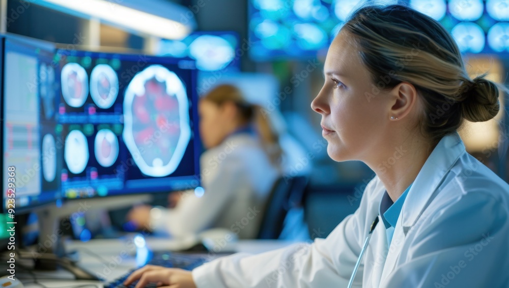 Doctor analyzing brain scan images on multiple screens at a modern ...