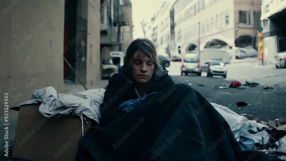 Homeless frozen man sleeping on road outdoor. City street background ...