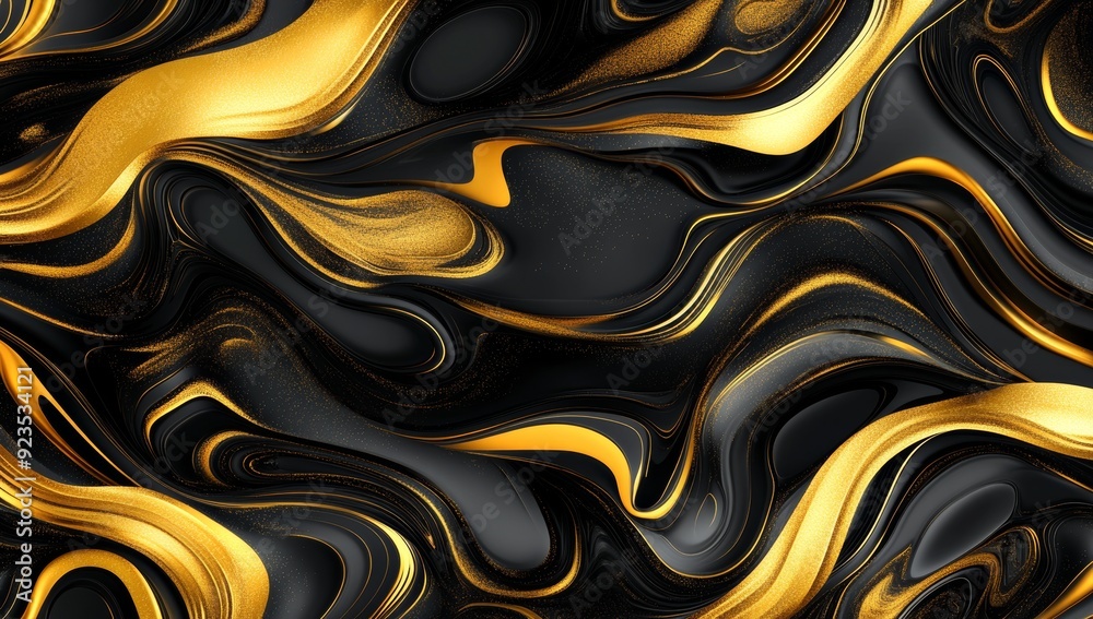 An abstract 3D background with flowing liquid gold textures and ...