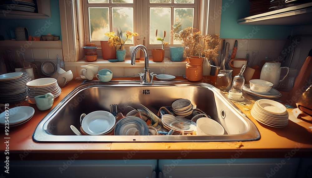 Kitchen Sink Chaos A cluttered kitchen sink overflowing with dirty ...
