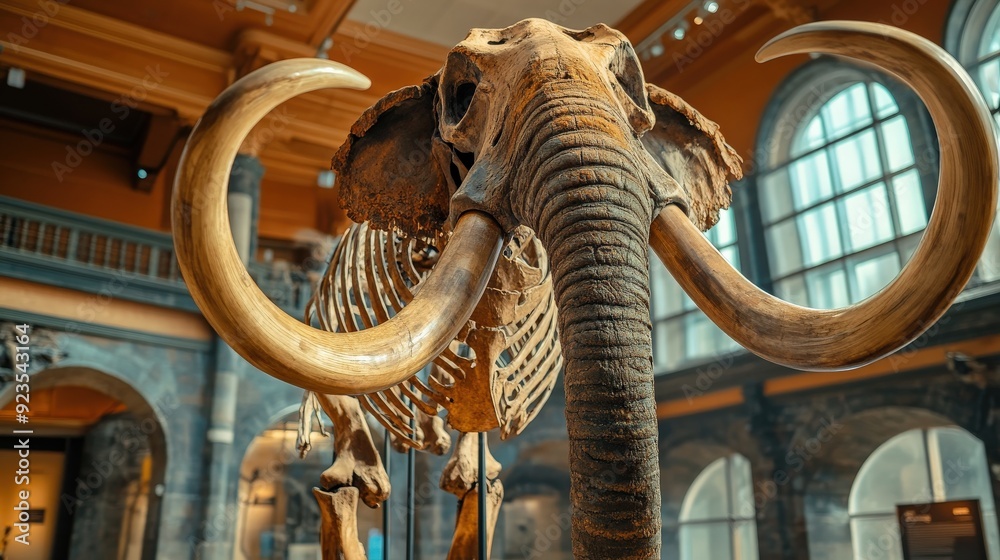 A skeleton of an elephant with its tusks showing. The elephant is a ...