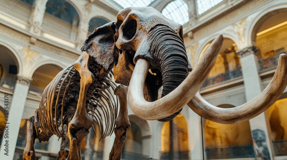 A skeleton of an elephant with its tusks showing. The elephant is a ...
