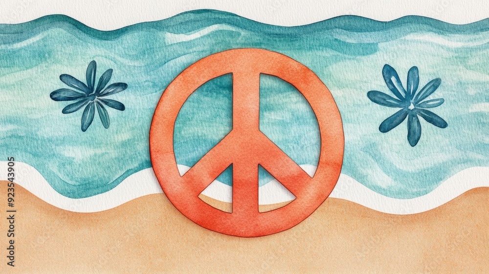Vibrant and retro inspired watercolor of a peace sign with a summer ...