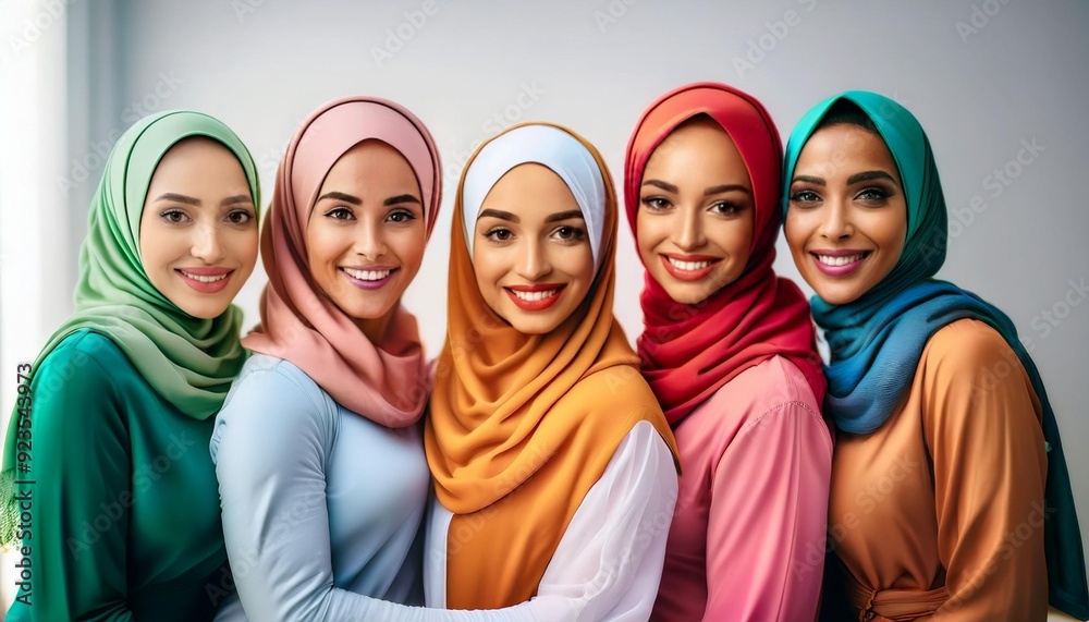 Sisters in Harmony A group of five Muslim women, each wearing a vibrant ...