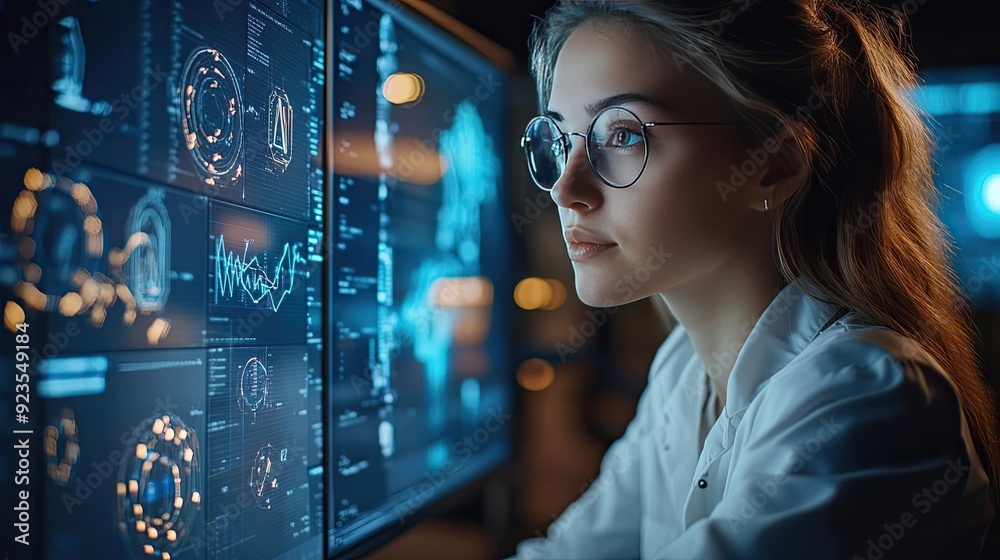 Employee completing an interactive training module at work ...