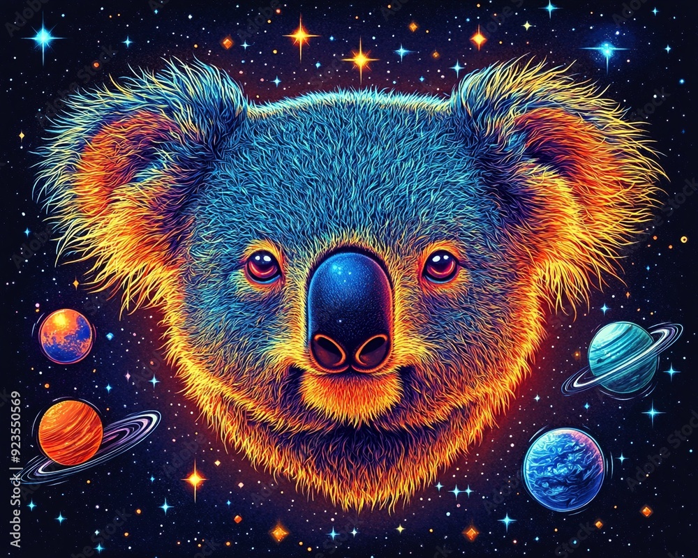 Neon koala face with soft glowing features, floating peacefully among ...