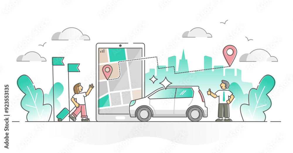 Car rental with auto hire or transport lease for urban travel outline ...