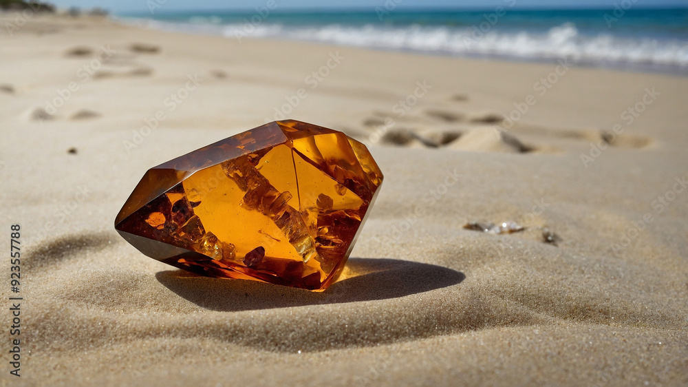 Amber gemstone with insect inclusion resting on sand dunes under ...