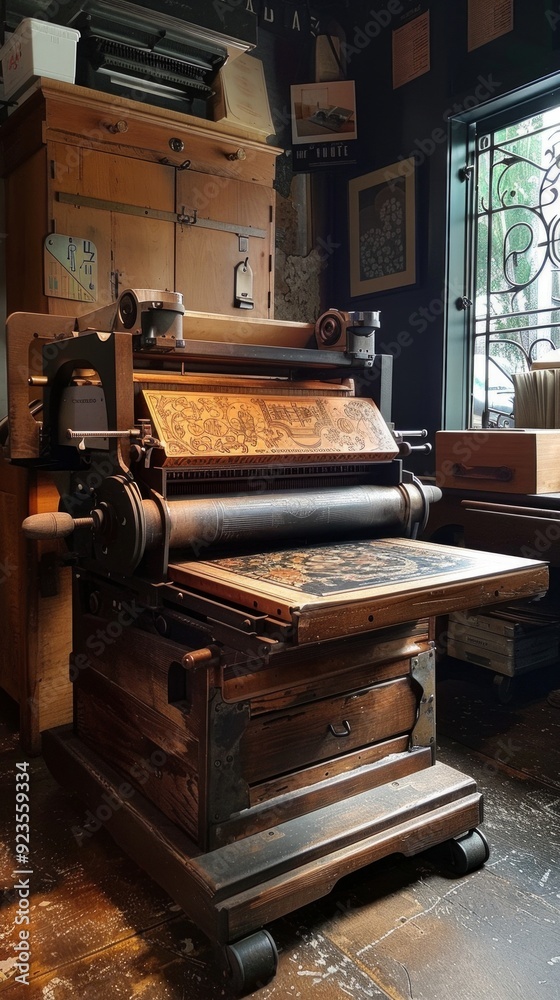 The image depicts a vintage room with an old printing press by the ...