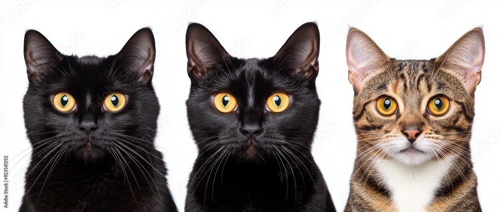 On a transparent background, three funny assorted cats with close up ...