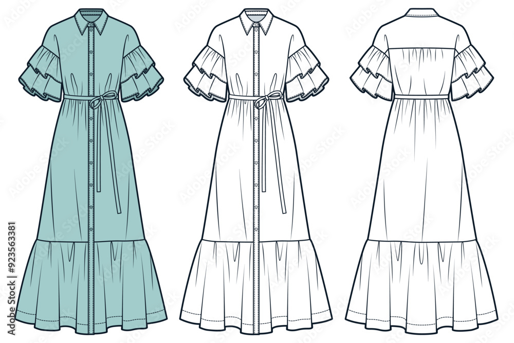 Button Up Shirt Dress technical fashion illustration. Tiered Dress ...