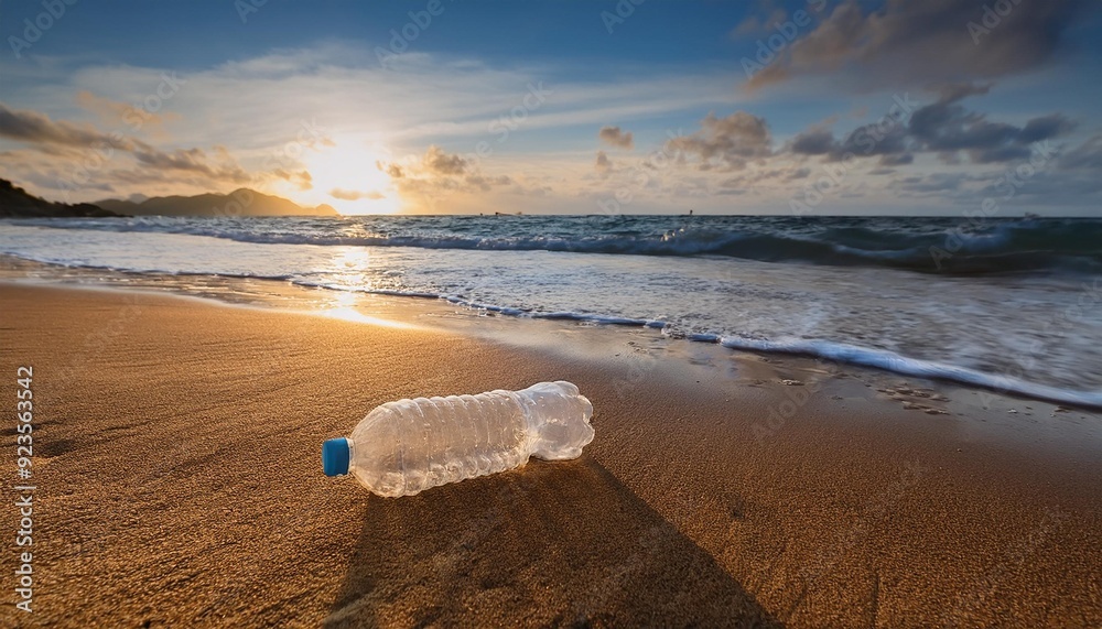 Plastic Pollution on Pristine Shore A discarded plastic bottle mars the ...