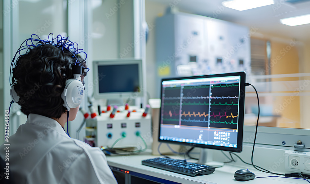 Person undergoing an EEG test with electrodes connected to a computer ...