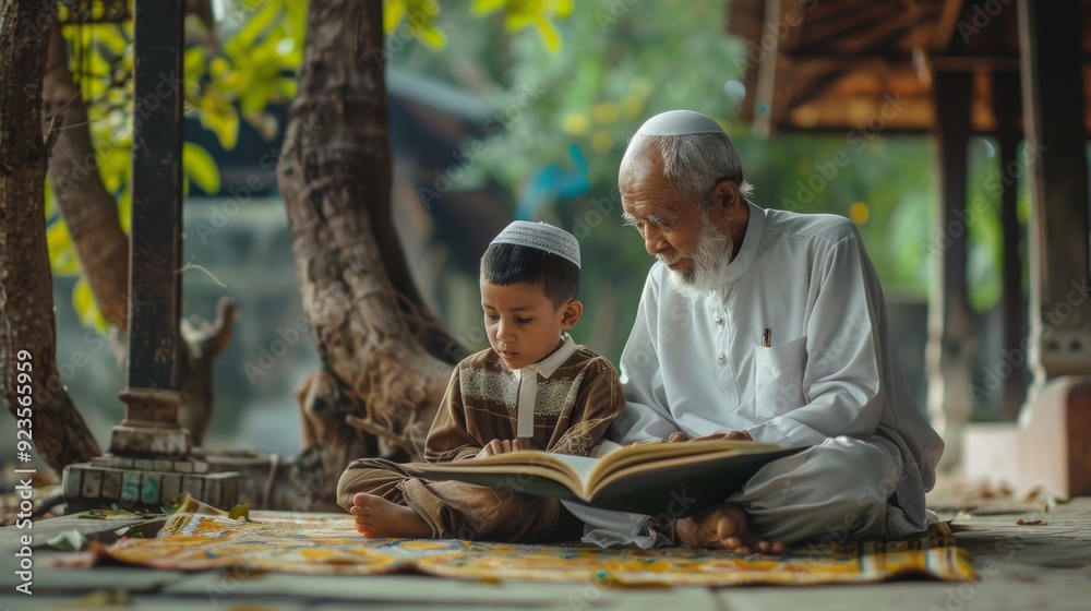 Muslim children and old men teaching in white shirts are praying and ...