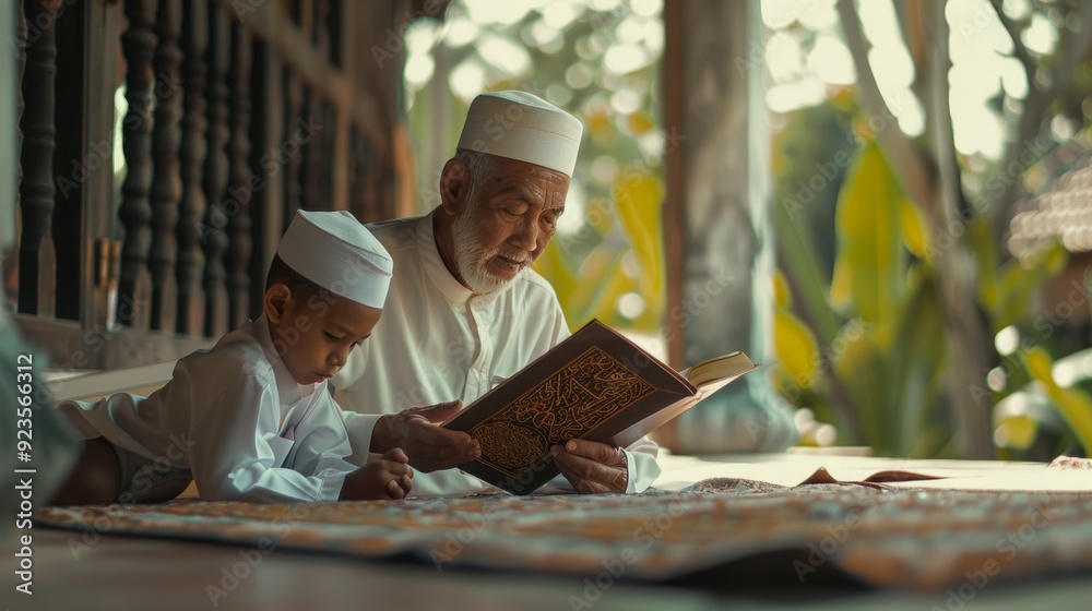 Muslim children and old men teaching in white shirts are praying and ...